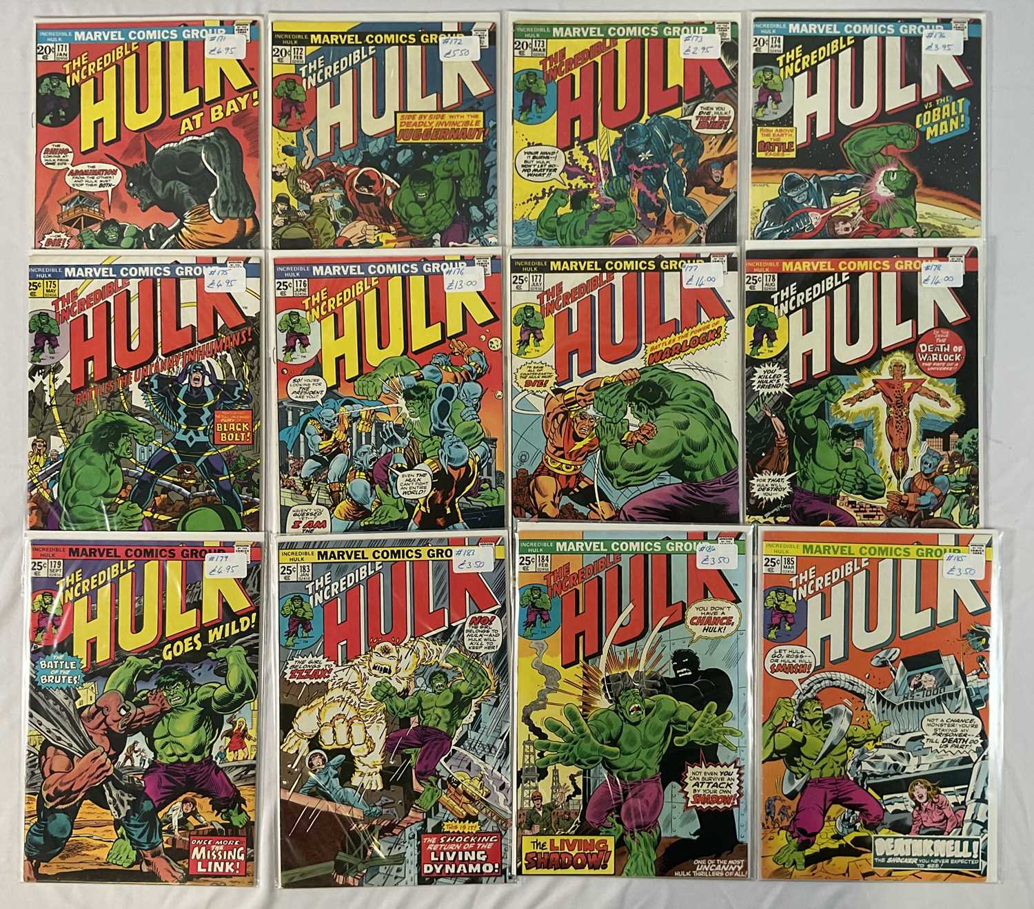 Lot 331 - INCREDIBLE HULK #171 to 179, 183 to 185 (12