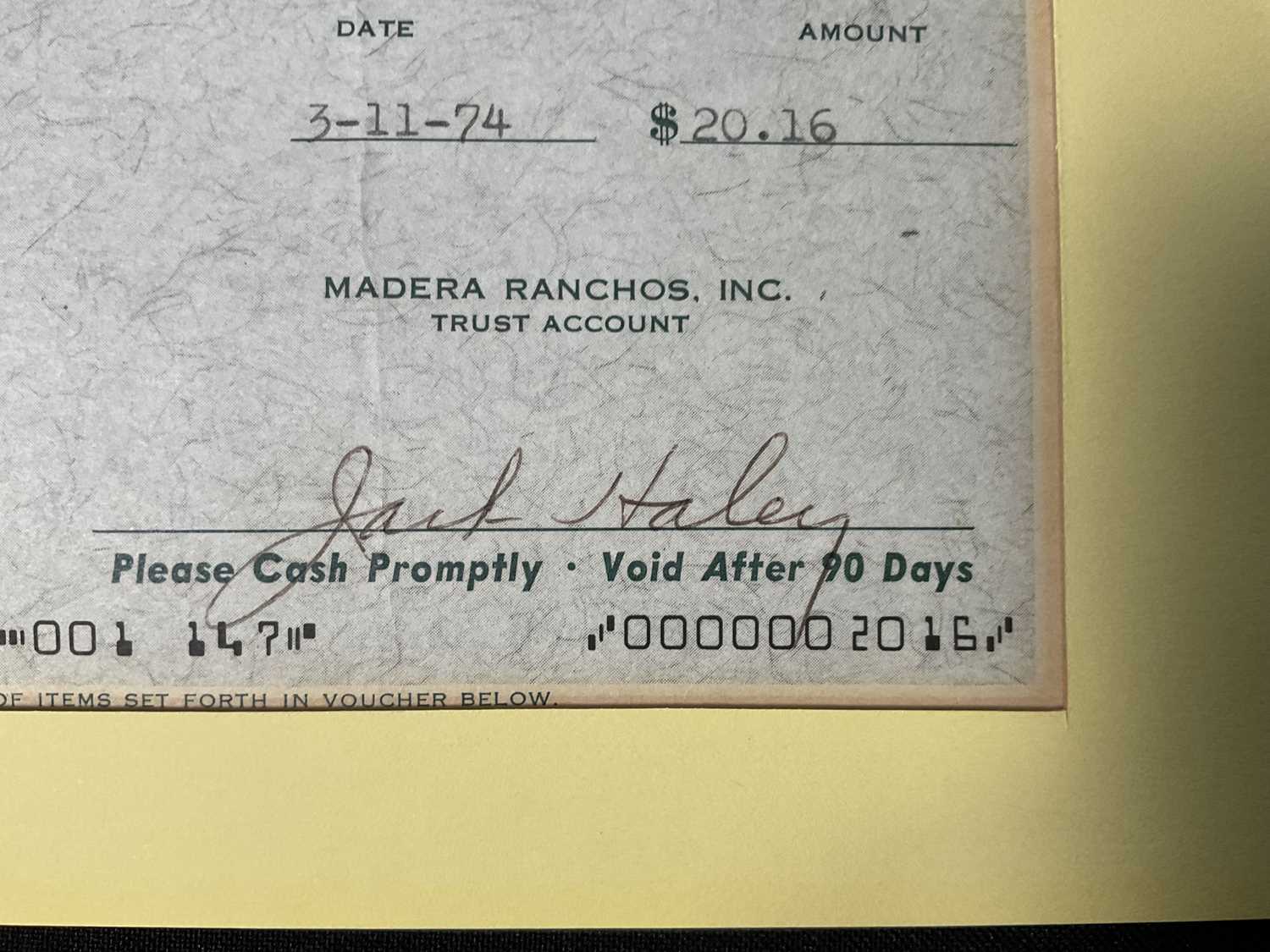 Lot 489 - JACK HALEY - A cheque signed by Jack Haley